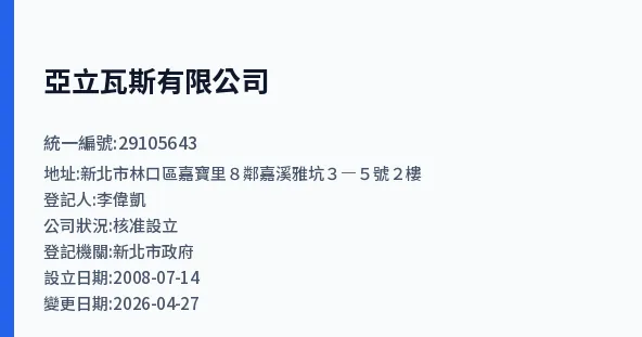 亞立瓦斯有限公司的照片-統編 29105643(新北市) 公司登記資料與營業項目詳細圖表