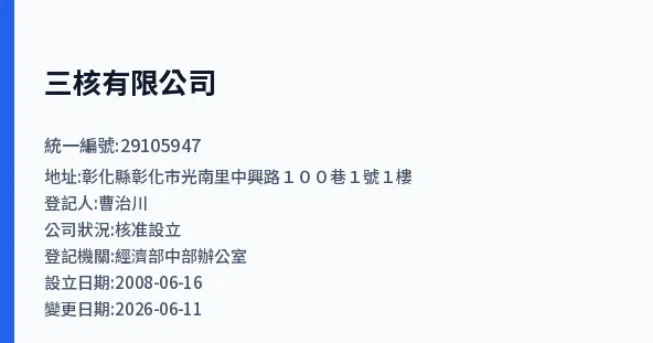 三核有限公司的照片-統編 29105947(彰化縣) 公司登記資料與營業項目詳細圖表