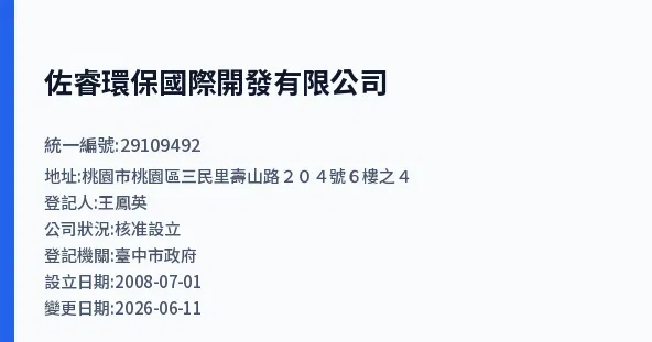 佐睿環保國際開發有限公司的照片-統編 29109492(桃園市) 公司登記資料與營業項目詳細圖表
