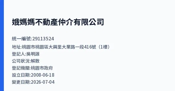 娥媽媽不動產仲介有限公司的照片-統編 29113524(桃園市) 公司登記資料與營業項目詳細圖表