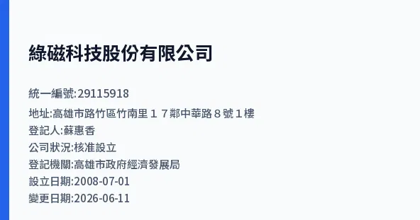 綠磁科技股份有限公司的照片-統編 29115918(高雄市) 公司登記資料與營業項目詳細圖表