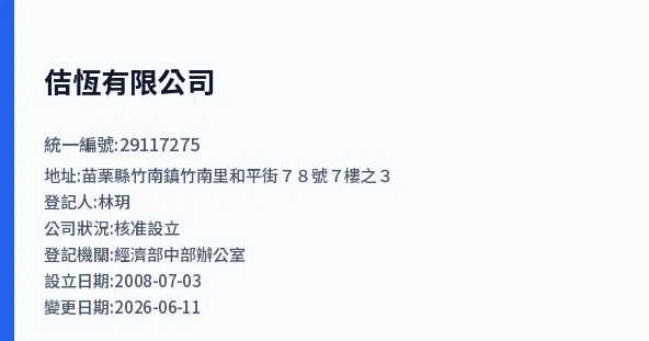 佶恆有限公司的照片-統編 29117275(苗栗縣) 公司登記資料與營業項目詳細圖表