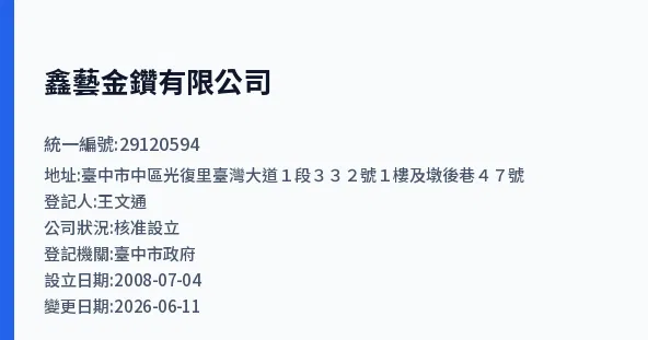 鑫藝金鑽有限公司的照片-統編 29120594(臺中市) 公司登記資料與營業項目詳細圖表