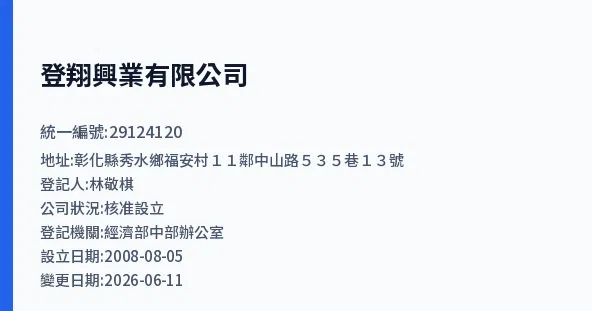 登翔興業有限公司的照片-統編 29124120(彰化縣) 公司登記資料與營業項目詳細圖表