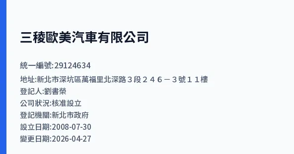 三稜歐美汽車有限公司的照片-統編 29124634(新北市) 公司登記資料與營業項目詳細圖表