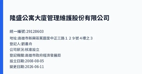 隆盛公寓大廈管理維護股份有限公司的照片-統編 29128603(高雄市) 公司登記資料與營業項目詳細圖表