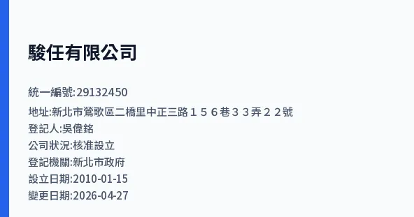 駿任有限公司的照片-統編 29132450(新北市) 公司登記資料與營業項目詳細圖表