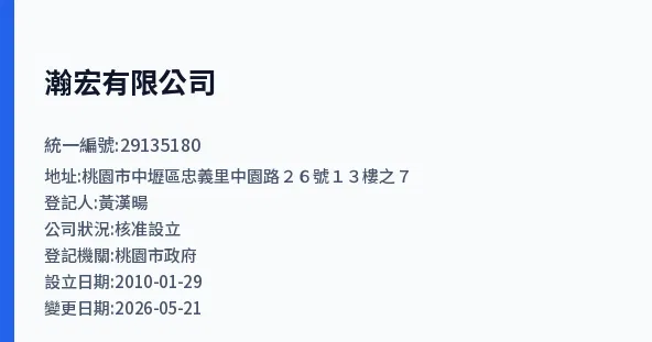 瀚宏有限公司的照片-統編 29135180(桃園市) 公司登記資料與營業項目詳細圖表