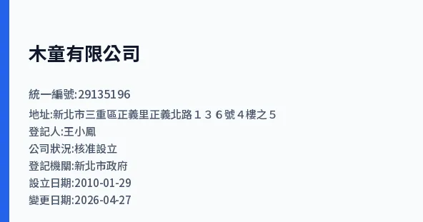 木童有限公司的照片-統編 29135196(新北市) 公司登記資料與營業項目詳細圖表