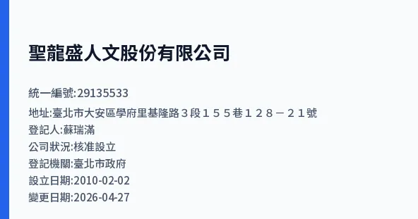 聖龍盛人文股份有限公司的照片-統編 29135533(臺北市) 公司登記資料與營業項目詳細圖表