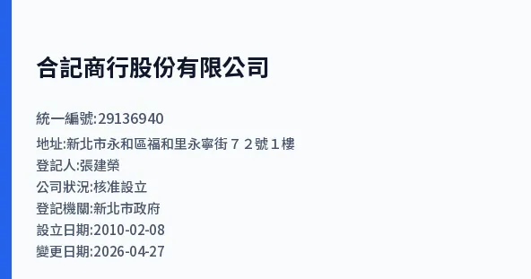 合記商行股份有限公司的照片-統編 29136940(新北市) 公司登記資料與營業項目詳細圖表