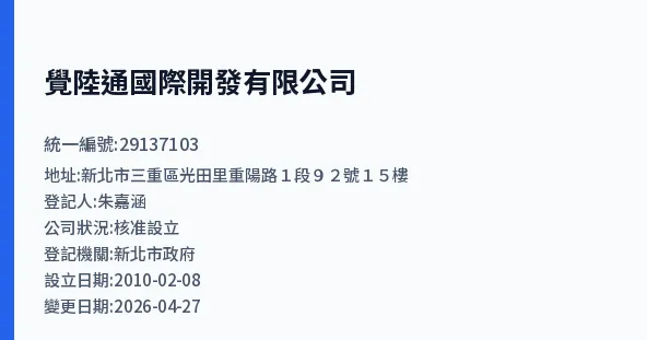 覺陸通國際開發有限公司的照片-統編 29137103(新北市) 公司登記資料與營業項目詳細圖表