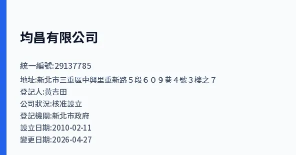 均昌有限公司的照片-統編 29137785(新北市) 公司登記資料與營業項目詳細圖表