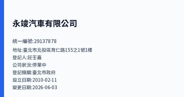 永竣汽車有限公司的照片-統編 29137878(臺北市) 公司登記資料與營業項目詳細圖表