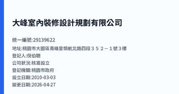 大峰室內裝修設計規劃有限公司的照片-統編 29139622(桃園市) 公司登記資料與營業項目詳細圖表