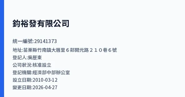 鈞裕發有限公司的照片-統編 29141373(苗栗縣) 公司登記資料與營業項目詳細圖表
