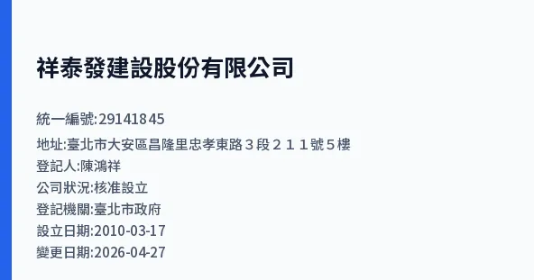 祥泰發建設股份有限公司的照片-統編 29141845(臺北市) 公司登記資料與營業項目詳細圖表
