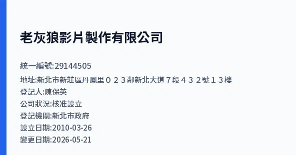 老灰狼影片製作有限公司的照片-統編 29144505(新北市) 公司登記資料與營業項目詳細圖表