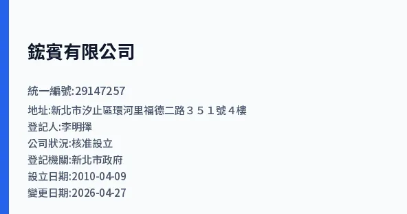 鋐賓有限公司的照片-統編 29147257(新北市) 公司登記資料與營業項目詳細圖表