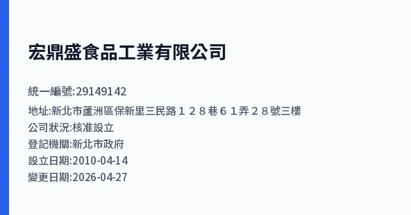 宏鼎盛食品工業有限公司的照片-統編 29149142(新北市) 公司登記資料與營業項目詳細圖表