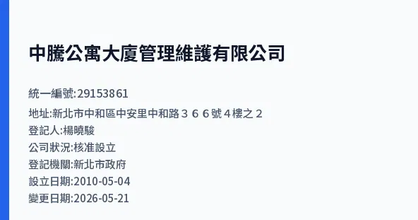 中騰公寓大廈管理維護有限公司的照片-統編 29153861(新北市) 公司登記資料與營業項目詳細圖表