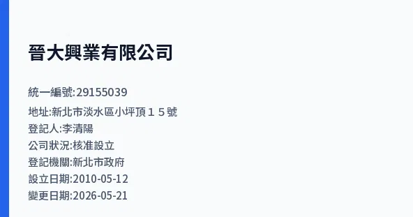 晉大興業有限公司的照片-統編 29155039(新北市) 公司登記資料與營業項目詳細圖表