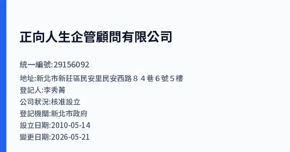 正向人生企管顧問有限公司的照片-統編 29156092(新北市) 公司登記資料與營業項目詳細圖表