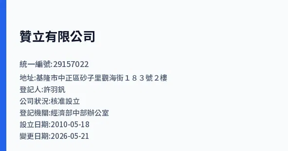 贊立有限公司的照片-統編 29157022(基隆市) 公司登記資料與營業項目詳細圖表