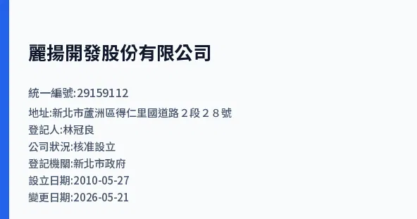 麗揚開發股份有限公司的照片-統編 29159112(新北市) 公司登記資料與營業項目詳細圖表