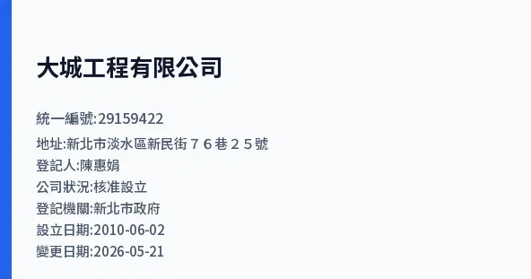 大城工程有限公司的照片-統編 29159422(新北市) 公司登記資料與營業項目詳細圖表