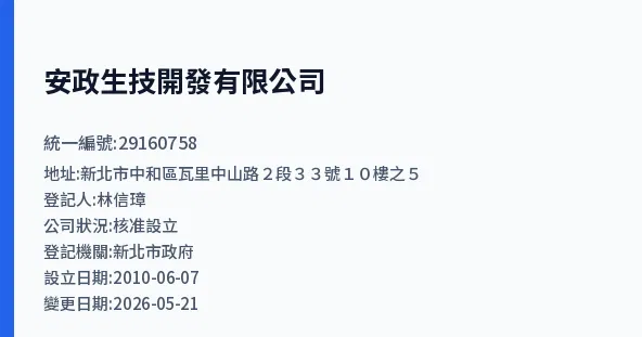 安政生技開發有限公司的照片-統編 29160758(新北市) 公司登記資料與營業項目詳細圖表