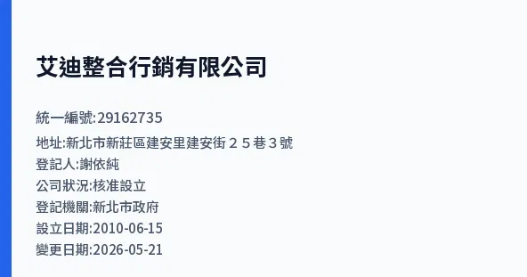 艾迪整合行銷有限公司的照片-統編 29162735(新北市) 公司登記資料與營業項目詳細圖表
