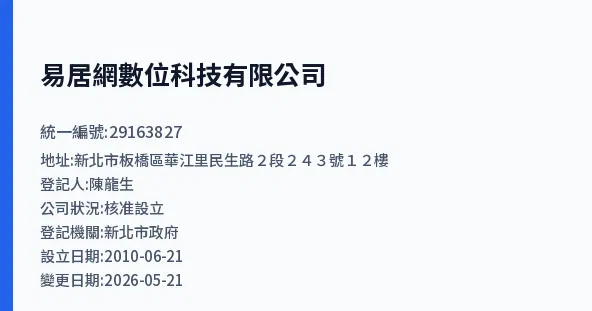 易居網數位科技有限公司的照片-統編 29163827(新北市) 公司登記資料與營業項目詳細圖表
