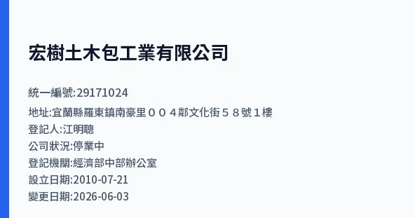 宏樹土木包工業有限公司的照片-統編 29171024(宜蘭縣) 公司登記資料與營業項目詳細圖表