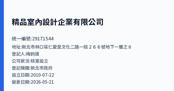 精品室內設計企業有限公司的照片-統編 29171544(新北市) 公司登記資料與營業項目詳細圖表