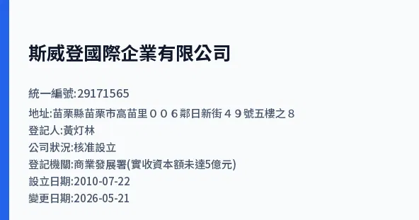 斯威登國際企業有限公司的照片-統編 29171565(苗栗縣) 公司登記資料與營業項目詳細圖表