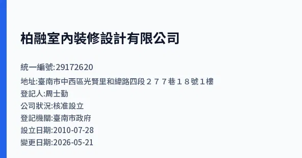 柏融室內裝修設計有限公司的照片-統編 29172620(臺南市) 公司登記資料與營業項目詳細圖表