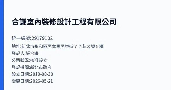 合謙室內裝修設計工程有限公司的照片-統編 29179102(新北市) 公司登記資料與營業項目詳細圖表