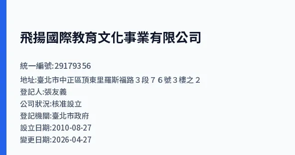 飛揚國際教育文化事業有限公司的照片-統編 29179356(臺北市) 公司登記資料與營業項目詳細圖表