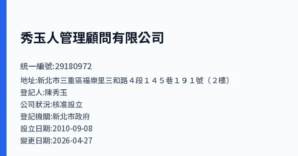 秀玉人管理顧問有限公司的照片-統編 29180972(新北市) 公司登記資料與營業項目詳細圖表