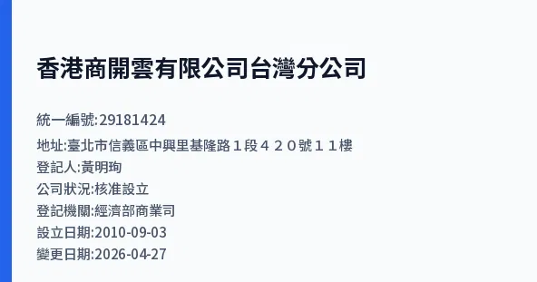 香港商開雲有限公司台灣分公司的照片-統編 29181424(臺北市) 公司登記資料與營業項目詳細圖表