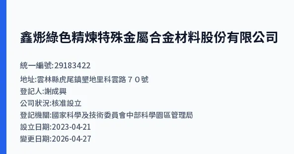 鑫烿綠色精煉特殊金屬合金材料股份有限公司的照片-統編 29183422(雲林縣) 公司登記資料與營業項目詳細圖表