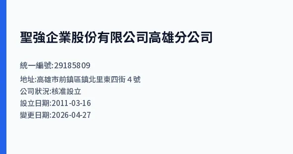 聖強企業股份有限公司高雄分公司的照片-統編 29185809(高雄市) 公司登記資料與營業項目詳細圖表