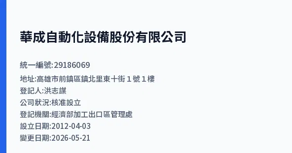 華成自動化設備股份有限公司的照片-統編 29186069(高雄市) 公司登記資料與營業項目詳細圖表