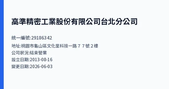高準精密工業股份有限公司台北分公司的照片-統編 29186342(桃園市) 公司登記資料與營業項目詳細圖表