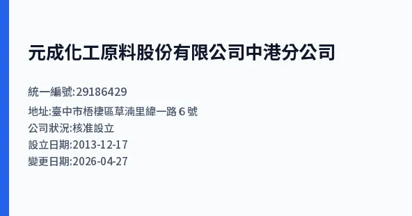 元成化工原料股份有限公司中港分公司的照片-統編 29186429(臺中市) 公司登記資料與營業項目詳細圖表
