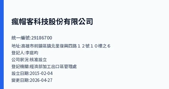 瘋帽客科技股份有限公司的照片-統編 29186700(高雄市) 公司登記資料與營業項目詳細圖表