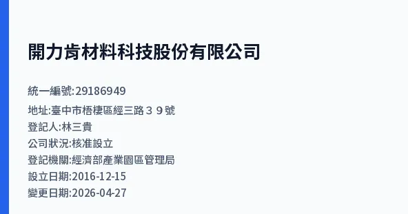 開力肯材料科技股份有限公司的照片-統編 29186949(臺中市) 公司登記資料與營業項目詳細圖表