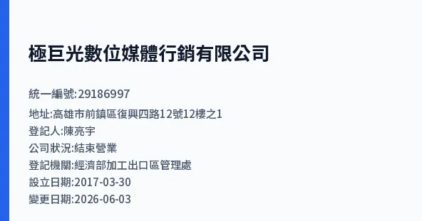 極巨光數位媒體行銷有限公司的照片-統編 29186997(高雄市) 公司登記資料與營業項目詳細圖表