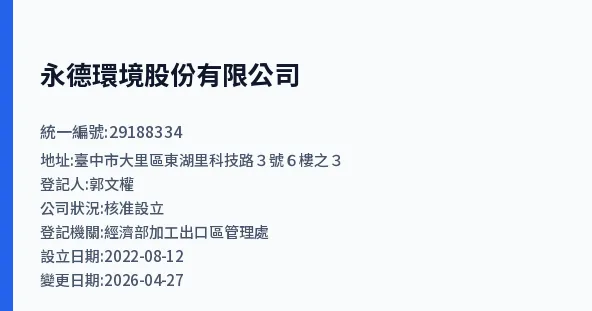 永德環境股份有限公司的照片-統編 29188334(臺中市) 公司登記資料與營業項目詳細圖表